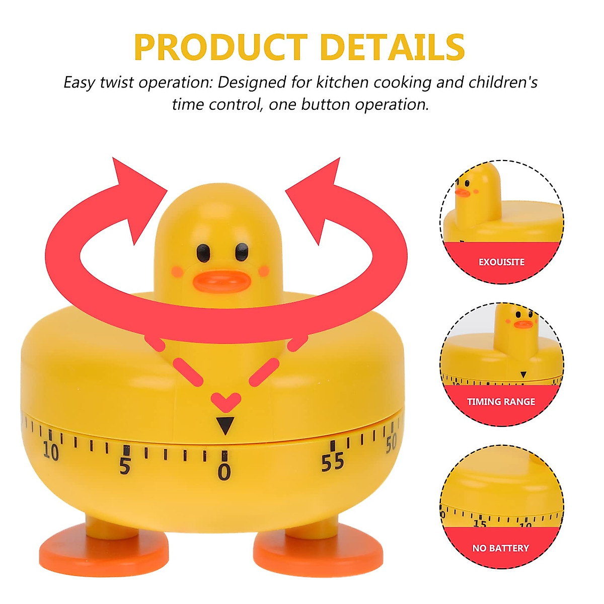 Angoily Yellow Duck Timer Mechanical Kitchen Timer 60- Minute Wind Up Dial 360° Rotating Pig Countdown Duck Reminder Cute Cartoon Animal Timer Cute Cooking Time Management
