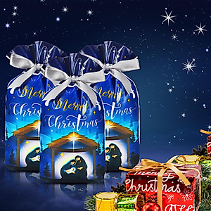 Funrous 50 Pcs Christmas Nativity Gift Bags Christmas Drawstring Plastic Bag Bulk Religious Gift Bags with Ties Xmas Holy Gift Wrapping Sacks for Birthday Party Treat Candy Goody Christmas Presents