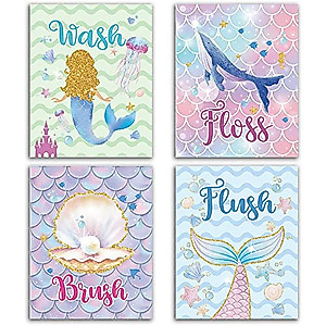FALJIOK Mermaid Decor, Mermaid Bathroom Wall Art Decors, Ocean Wash Brush Floss Flush Kids Girls Bathroom Under the Sea Rules Wall Signs, Set of 4(8”X10”) Unframed