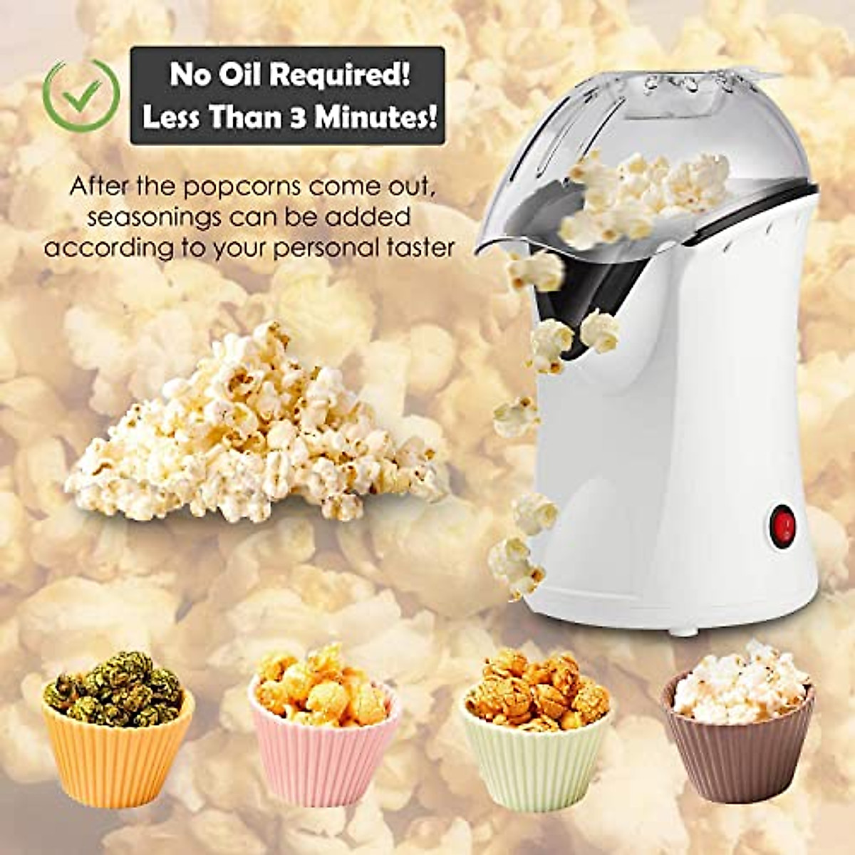 Air Popper Popcorn Maker, 4 Cups, 1200W Hot Air Popcorn Popper with Measuring Cup and Top Lid, Air Popper Popcorn Maker No Oil, Air Popcorn Machine for Home, Family, Kids/Bpa-Fre(White)