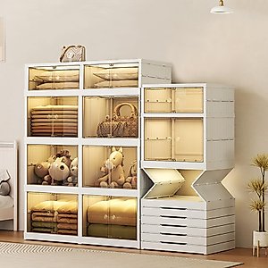 Collapsible Storage Bins 4 Tier, Kitchen Storage Cabinets with doors, Clear Plastic storage bins with Wheels, Tool-Free Installation Large Cabinet Organizer