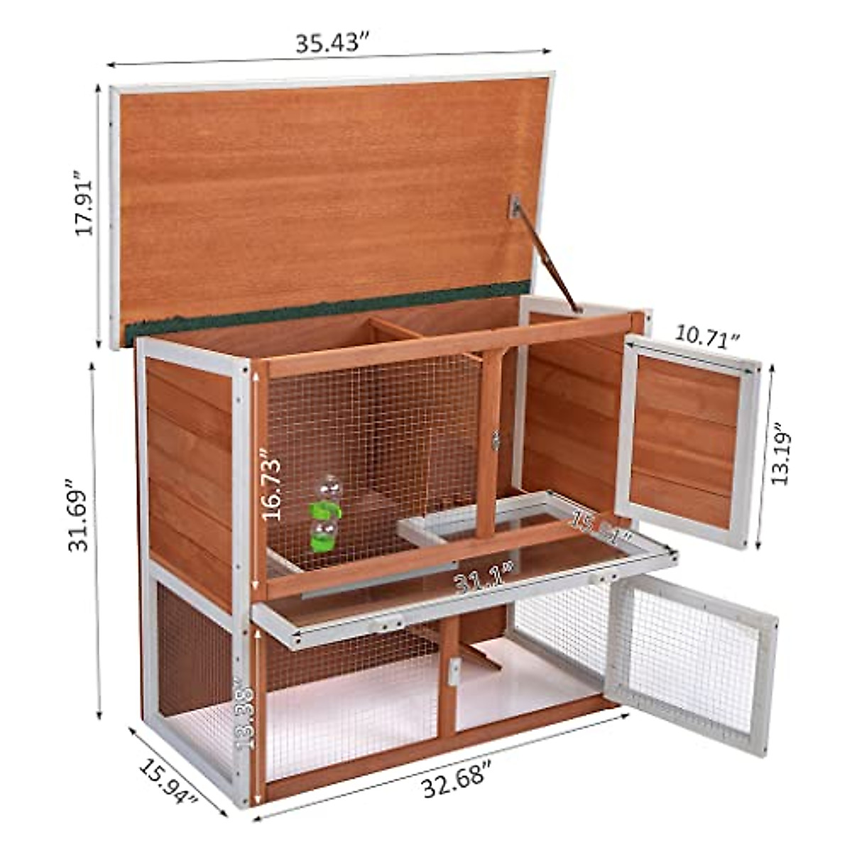 2-Story Wooden Rabbit Hutch Indoor Outdoor Guinea Pig Cage with Ventilation Door, Removable Tray, Ramp, Waterproof Roof, Water Bottles, Solid Wood Hamster/Bunny Hutch for Small Animals (Orange)