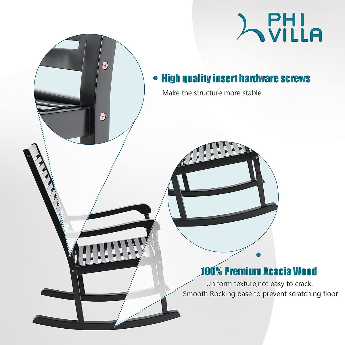 PHI VILLA Outdoor Rocking Chairs Set of 2, Acacia Wood Rocker Chairs for Patio, Deck, Balcony or Porch, 30° Safe Recline Support 350lbs - Black