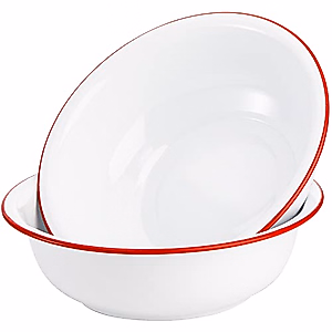 Elsjoy Set of 2 Enamel Bowl, 3 Quart Large Enamel Mixing Bowl White Enamelware with Red Rim, 11 Inch Vintage Enamel Soup Basin for Fruit, Salad, Pasta, Dinner