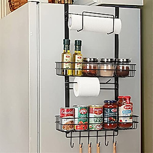 Nandae Fridge Spice Rack Organizer, Refrigerator Side Shelf Storage with Paper Towel Holder 2 Baskets & 6 Hooks Kitchen Rack for Refrigerator Washing Machine, Black