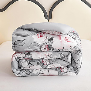 Koniroom 3 Pieces Pink and Grey Comforter Set Queen Size, Floral Bedding Sets with Pink Flowers and Leaves Pattern for Women Teen Girls, Reversible All Season Comforter with 2 Pillow Shams