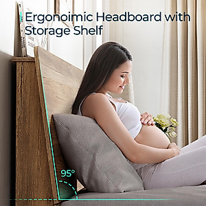 LINSY Queen Wood Bed Frame with Ergonomic Headboard, Bed Frame Queen with Storage Shelf, Noise-Free, No Box Spring Needed - Brown