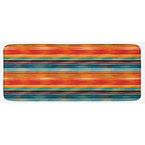 Lunarable Mexican Kitchen Mat, Abstract Vibrant Vintage Aztec Motif Gradient Blurred Lines Ecuador Crafts Image, Plush Decorative Kitchen Mat with Non Slip Backing, 47" X 19", Orange