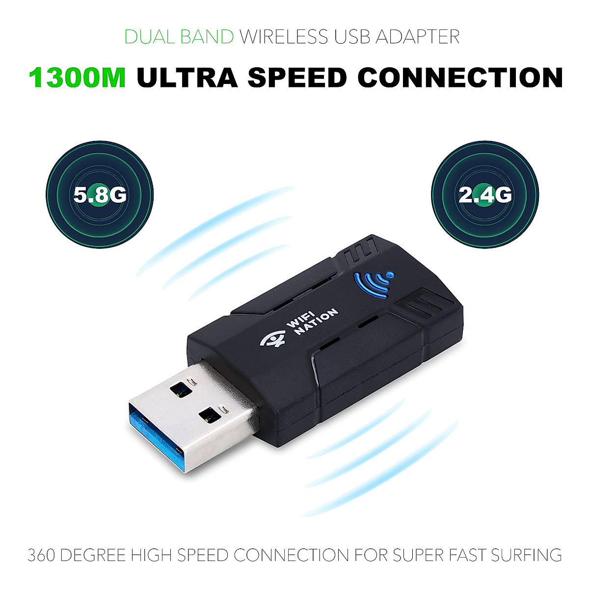 WiFi Nation® WiFi Dongle 1300Mbps WiFi Adapter 2.4G/5G Dual Band Mini USB 3.0 802.11ac Wireless Network Adapter for PC Desktop Laptop Windows MacOS & Most of Linux Distros