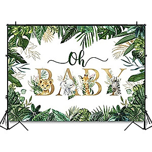 Avezano Jungle Animals Oh Baby Backdrop for Baby Shower Decoration Photography Background Safari Gold Green Greenery Leaves Gender Neutral Baby Shower Birthday Party Photoshoot (7x5ft)