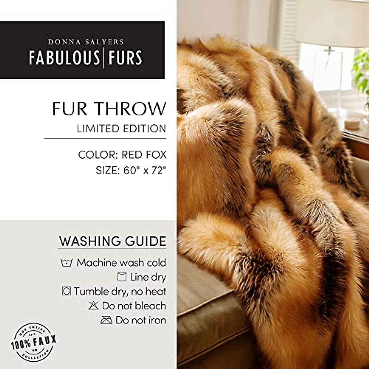Fabulous-Furs Donna Salyers Faux-Fur Throw Blanket, Plush and Soft Blanket, 60x72 in, Red Fox