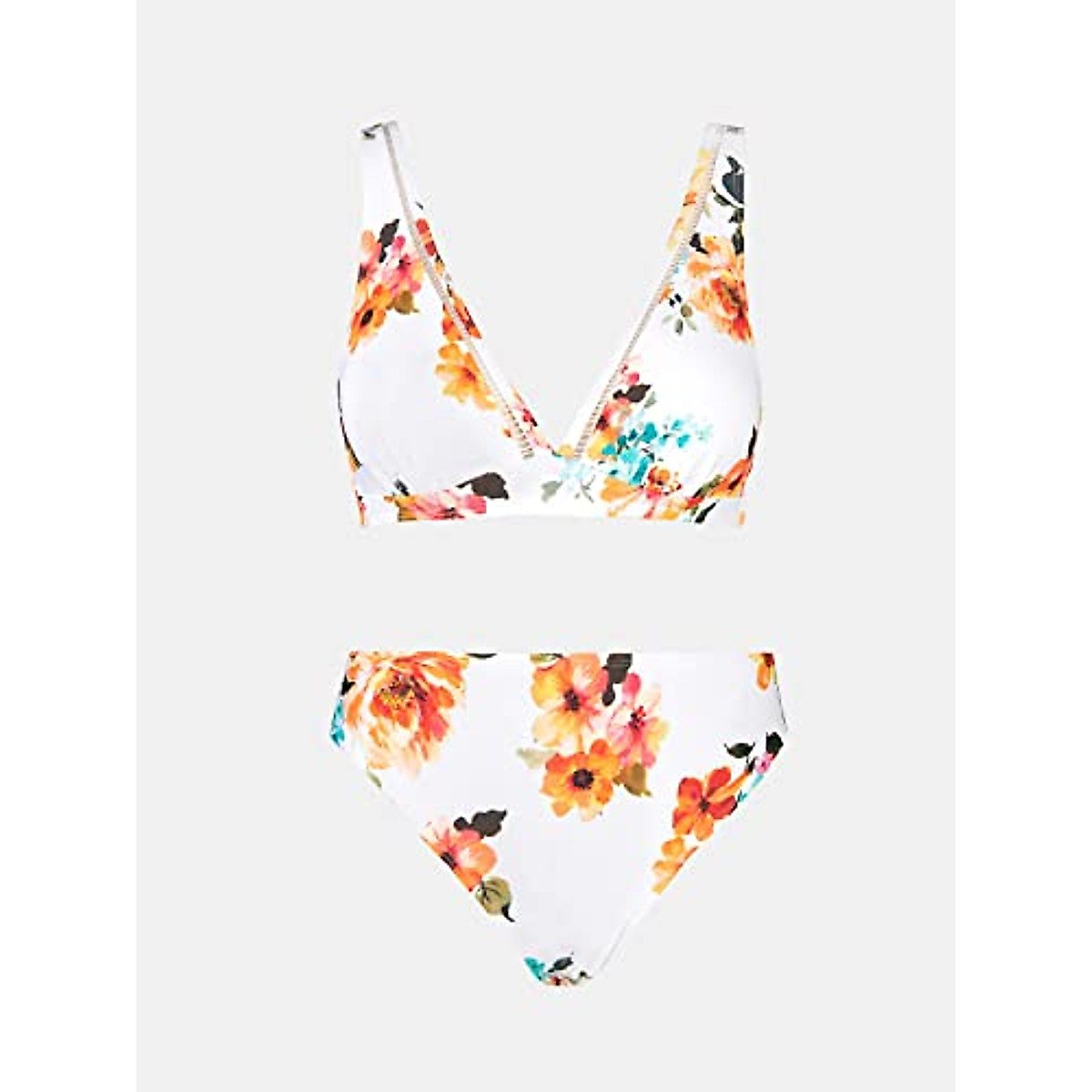 CUPSHE Bikini Set for Women Two Piece Swimsuit Plunge V Neck Hollow Out Trim Retro Mid Rise Floral Print M, White