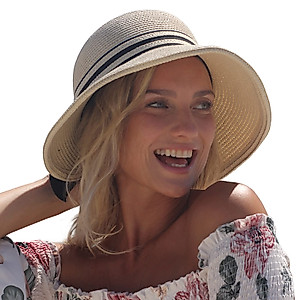 Women's Wide Brim Beach Sun Hat - SPF UV Protection, Packable, Floppy, Foldable - Summer-Ready, Ponytail-Friendly, Straw, Cute Bow, Travel Essential, Beige Medium
