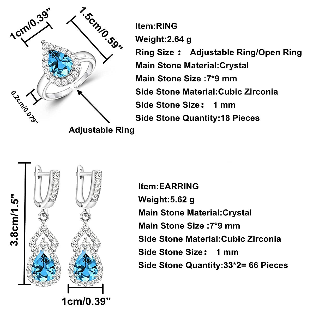LMXXVJ Sky Blue Crystal Necklace Earrings Bracelet Adjustable Ring Set for Women White Gold Plated Wedding Party Jewelry Sets with Water Drop Shaped Stone