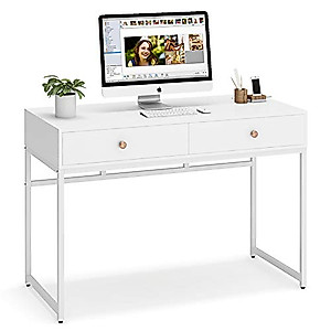 Tribesigns Computer Desk, Modern Simple 47 inch Home Office Desk Study Table Writing Desk with 2 Storage Drawers, Makeup Vanity Console Table White
