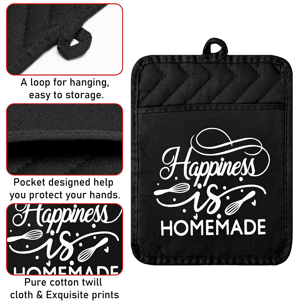 GROBRO7 6Pcs Funny Oven Mitts Pot Holders Set Happiness is Homemade Heat Resistant Hot Pads Machine Washable Gloves Durable Pocket Pot Holder with Hanging Loop for Safe Kitchen Baking Cooking Grilling