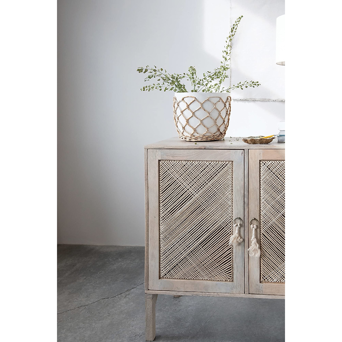 Creative Co-Op Mango 2 Woven Rope Doors, 1 Shelf and Tassel Handles Console, Bleached Wood