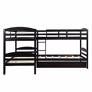 Harper & Bright Designs Quad Bunk Bed with Trundle, L Shaped Bunk Bed for 4 Kids, Wooden Twin Bunk Bed Frame for Kids Teens Adults - Espresso