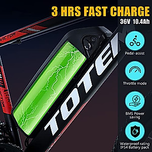 Totem Electric Bike for Adults 26”, Electric Mountain Bicycle 350W Motor, 20MPH Victor 2.0 with 36V 10.4Ah Removable Battery, E-MTB with Shimano 21 Speed Gears, Upgraded Adjustable stem-Black