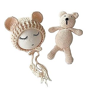 Newborn Infant Photography Prop Crochet Boys Girls Knit Bear Toy with Bear Hat (Beige)