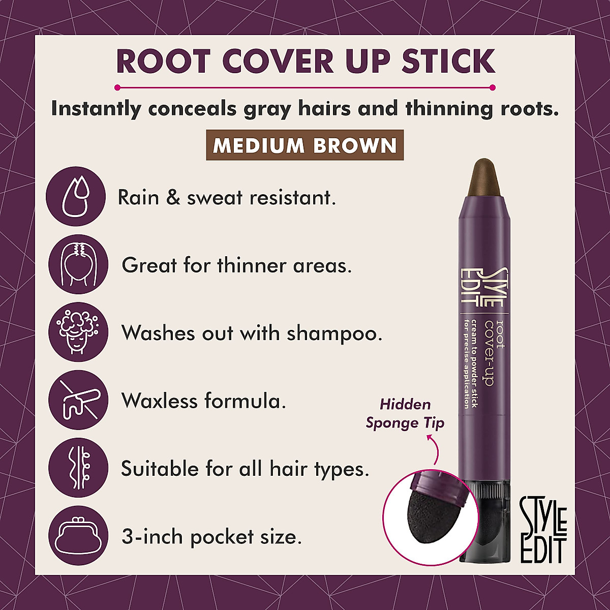 Style Edit Root Touch Up Stick - Medium Brown Hair Concealer, Temporary Gray Coverage, Premium Hair Shading Sponge Pen, 0.11 oz