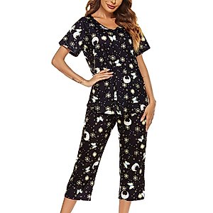 LOCUBE Women's Pajama Sets Lounge Wear Set Short Sleeve Tops and Cropped Pants Pj (Black, Large)