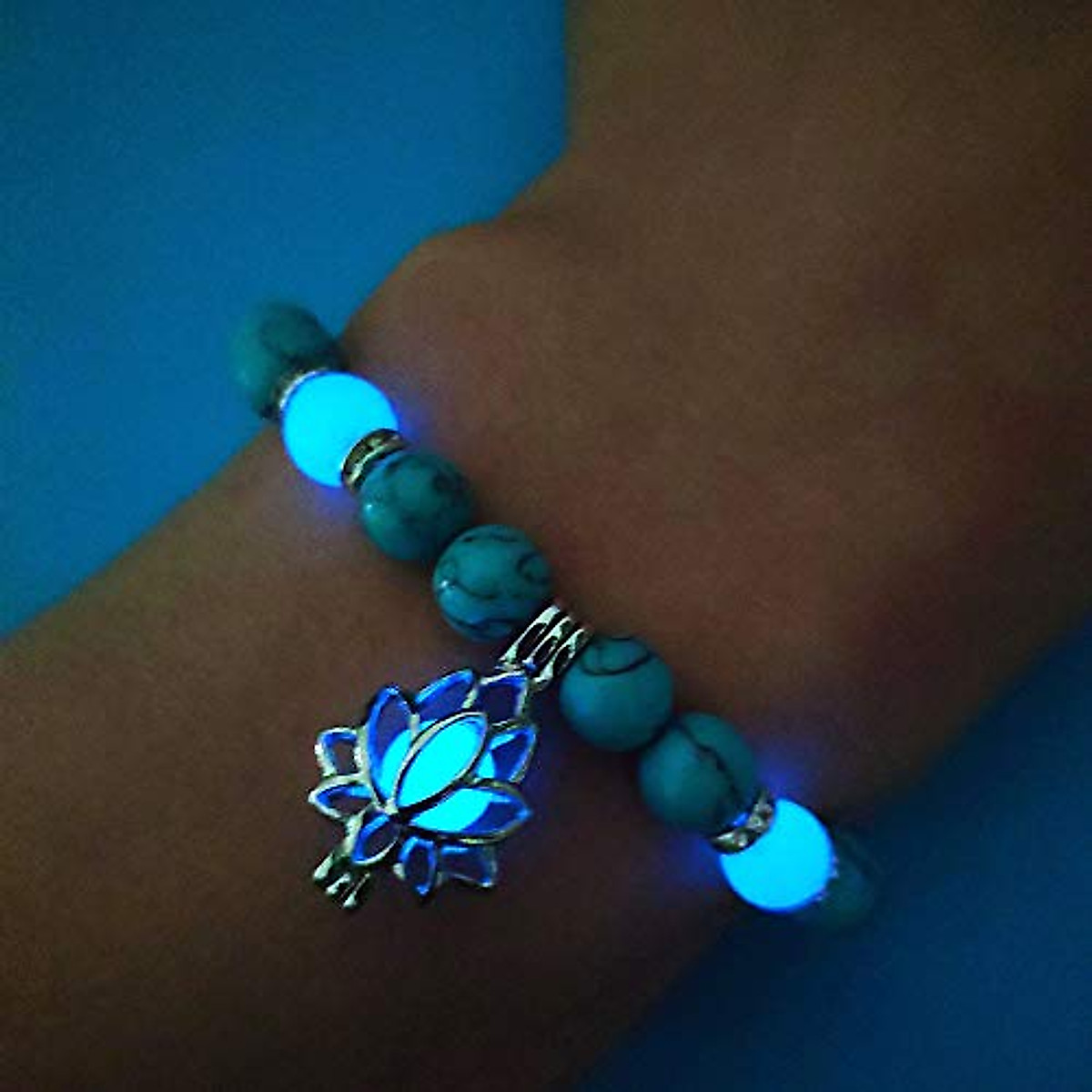 Luminous Glowing in the Dark Moon Lotus Flower Shaped Charm Bracelet for Women Natural Turquoise Stones Yoga Prayer Jewelry