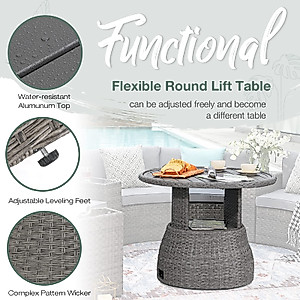 SUNSITT Outdoor Patio Lift Coffee Table, Round Patio Side Table with Aluminum Tabletop, 33in Wicker Furniture Multi-Function Storage Dining Table, Grey