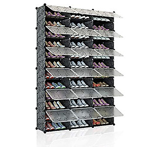 KOUSI Portable Shoe Rack Organizer 72 Pair Tower Shelf Storage Cabinet Stand Expandable for Heels, Boots, Slippers， 12-Tiers Black & Transparent Door