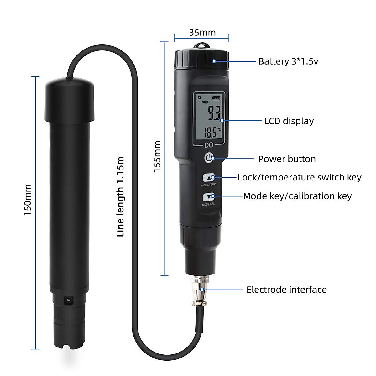 RCYAGO Portable Dissolved Oxygen and Temperature Meter, DO Range: 0-40.00 mg/L, 0.1 mg//L Resolution, Digital Dissolved Oxygen Meter with Electrode Filling Fluid (No Backlight)