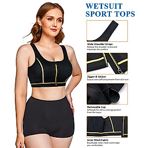 CtriLady Women High Impact Neoprene Sport Bra Front Zipper Crop Tank Top Full Cup Vest for Surfing Snorkeling Fitness (Black Yellow,M)