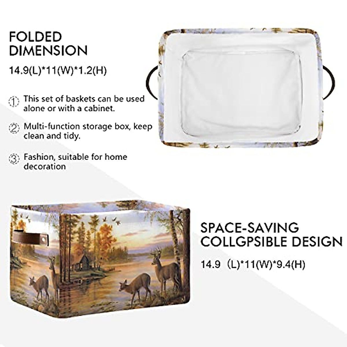 Rectangular Storage Bin Cube Forest Animal Deer Tree River Foldable Organizer Basket with Handles, Collapsible Storage Box for Kids Toy Shelf Closet Nursery