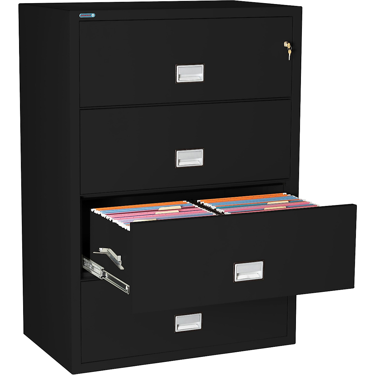 PHOENIX SAFE Lateral 38 inch 4-Drawer Fireproof File Cabinet with Key Lock, Water Seal, Black, LAT4W38B