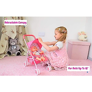 KOOKAMUNGA KIDS Baby Doll Stroller | Easy Fold Pram | with Retractable Canopy, Storage Basket, Doll Safety Harness and Comfort Grip Handlebar (Pink Unicorn)