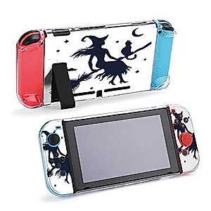 SUPNON Silhouette of Witch with Cat On Broom with Protective Case Compatible with Nintendo Switch Soft Slim Grip Cover Shell for Console & Joy-Con with Screen Protector, Thumb Grips Design39853