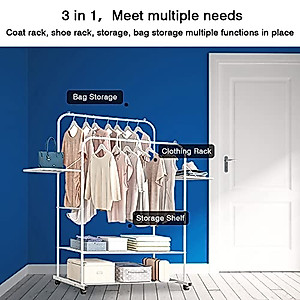 STONCEL Clothing Rack with Shelves, Portable Garment Rack on Wheel, Double Rails Rolling Clothes Rack for Hanging Clothes, 31.8 x 19.8 x 61.2 Inches (White)