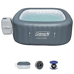 Coleman 15442-BW SaluSpa 4 Person Portable Inflatable Outdoor Square Hot Tub Spa with 114 Air Jets, Cover, Pump, and 2 Filter Cartridges, Gray