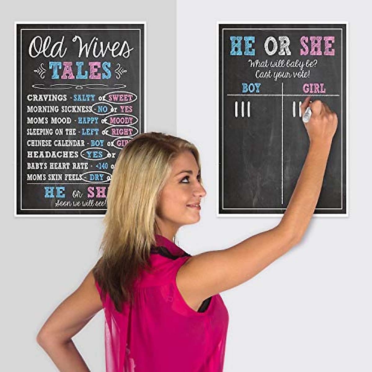 Katie Doodle Gender Reveal Decorations, Gender Reveal Games for Guests, Baby Boy or Girl Gender Reveal Party Supplies Kit - Includes 3 Game Posters (11x17), 1 Chalk Marker (Erasable), 3 Signs (8x10)