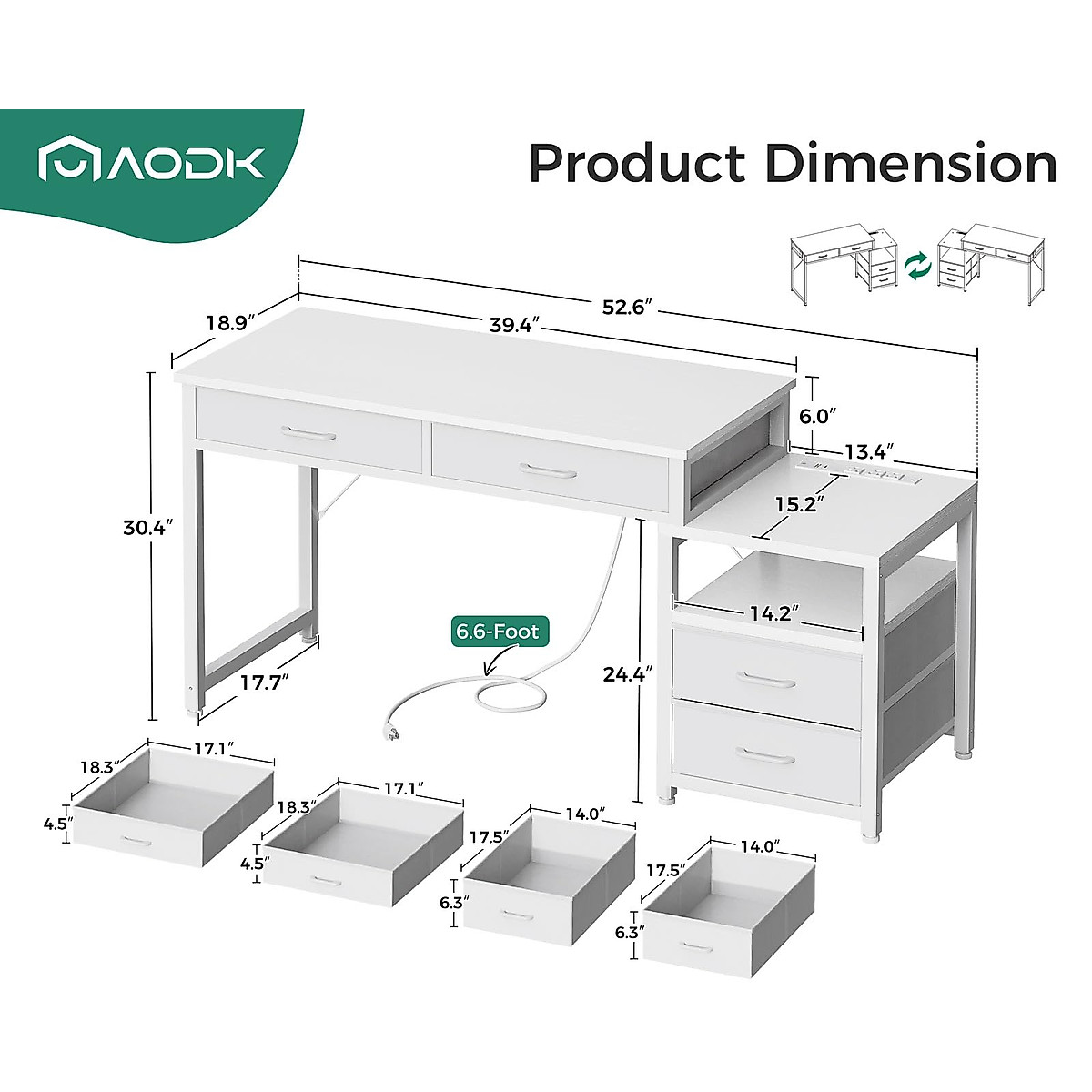 AODK Computer Desk with 4 Drawers and USB Power Outlets, Reversible Home Office Desk with Printer Stand, Small Desk with Storage Shelf, Study Writing Work Table for Bedroom, Vanity Desk, White, 53"