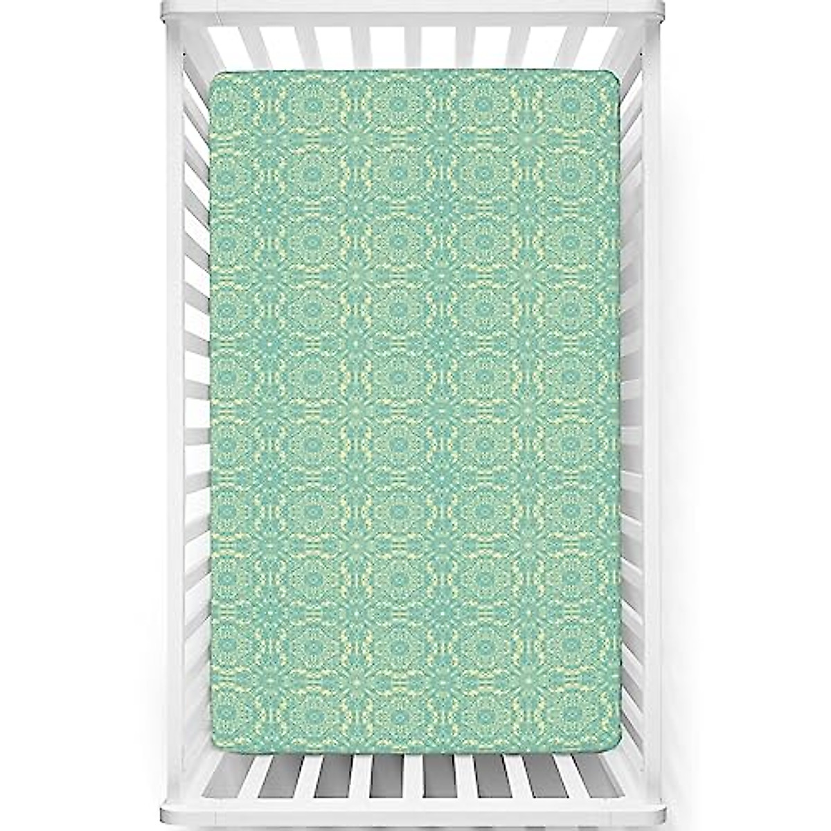 Damask Themed Fitted Crib Sheet,Standard Crib Mattress Fitted Sheet Toddler Bed Mattress Sheets - Baby Crib Sheets for Girl or Boy,28“ x52“,Pale Teal and Cream