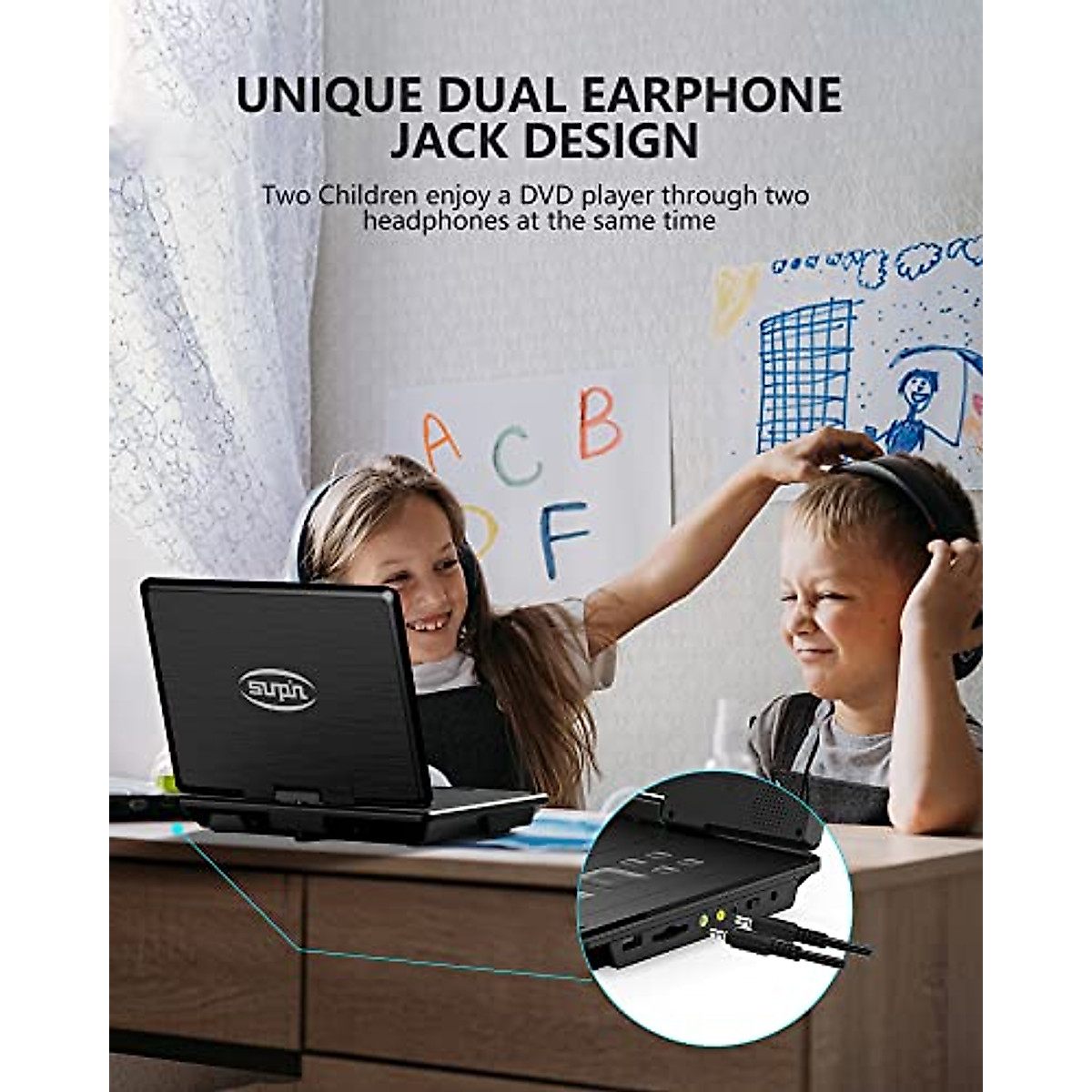 12.5" Portable DVD Player with 10.1" Large HD Swivel Screen, 5-Hour Built-in Rechargeable Battery, Car Headrest Case, Car Charger, Support USB/SD Card/Sync TV, Black