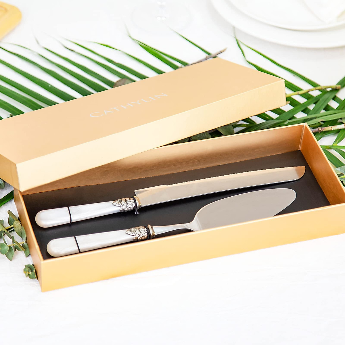CATHYLIN Wedding Cake Knife and Serve Set, Fancy Hand Craft Italian Style Design, White Pearl Pie Knife Server Set, Vintage Silverware,Cake Cutter Set, Cake Knife Gift Set, 2 pcs