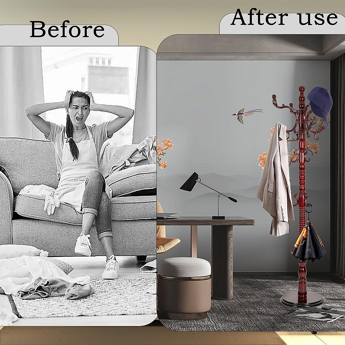 RUFXIEZW Coat Rack Freestanding, Wooden Tree Coat Rack Stand with 3 Adjustable Sizes Coat Tree and 14 Hooks, Sturdy Hall Tree with Solid Round Base for Entryway, Hallway, Bedroom (Reddish brown)