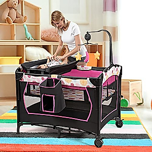 HONEY JOY Pack and Play, 4 in 1 Baby Bedside Sleeper w/Diaper Changing Table & Storage Bag, Toy Rack & Music Box, Portable Baby Playard with Bassinet, Carry Bag for Newborn to Toddlers (Rose)