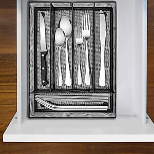 E-far 31-Piece Silverware Set, Stainless Steel Flatware Cutlery Set Service for 4 with Mesh Utensil Drawer Organizer, Include Forks/Spoons/Knives/Steak Knives/Straws, Mirror Polish & Dishwasher Safe