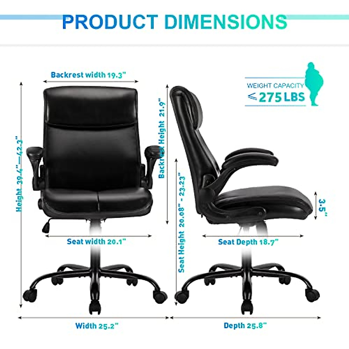 Office Chair, Executive Home Office Computer Desk Chair, Ergonomic Leather Chair for Lumbar Support and Comfort, Adjustable Height and Tilt, Swivel Rolling Task Chair for Work, Study, Game (Black)