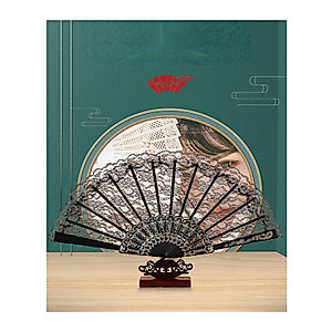 IXOUP Retro Style Lace Cheongsam Fan Folding Fan Lace Fan Catwalk Hanfu Black Circular Fan Small Fan (Color : 2)