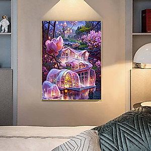 1tonine DIY Diamond Painting Kits for Adults - Flower Pink House Dream Scenery (Canvas) Full Round Drill Diamond Art Kits for Beginnners - Valentines Day Gifts Wall Room Decor (12x16inch/30×40cm)