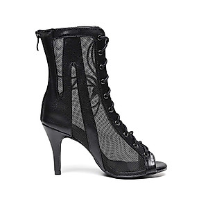 Goettin open toe dance boots sexy black microfiber net 8.5cm high heel dance shoes women (7.5)