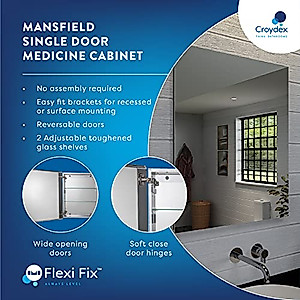 Croydex Mansfield Single Door, Recessed or Surface Mount, Hang 'n' Lock Easy Installation Medicine Cabinet, 24" W x 30" H, Aluminium